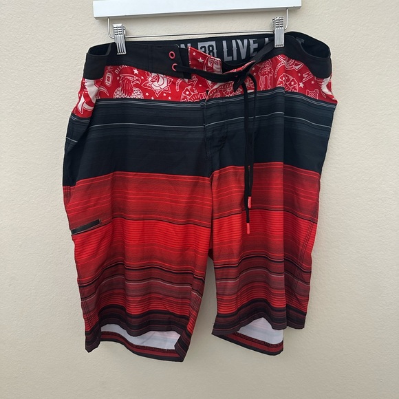 DIXXON | Swim | Dixxon Flannel Co Red Striped Logo Swim Trunks ...
